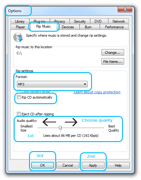 Changing default music ripping settings to use MP3 format
