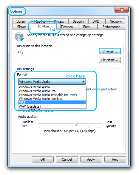 Changing default music ripping settings to use MP3 format
