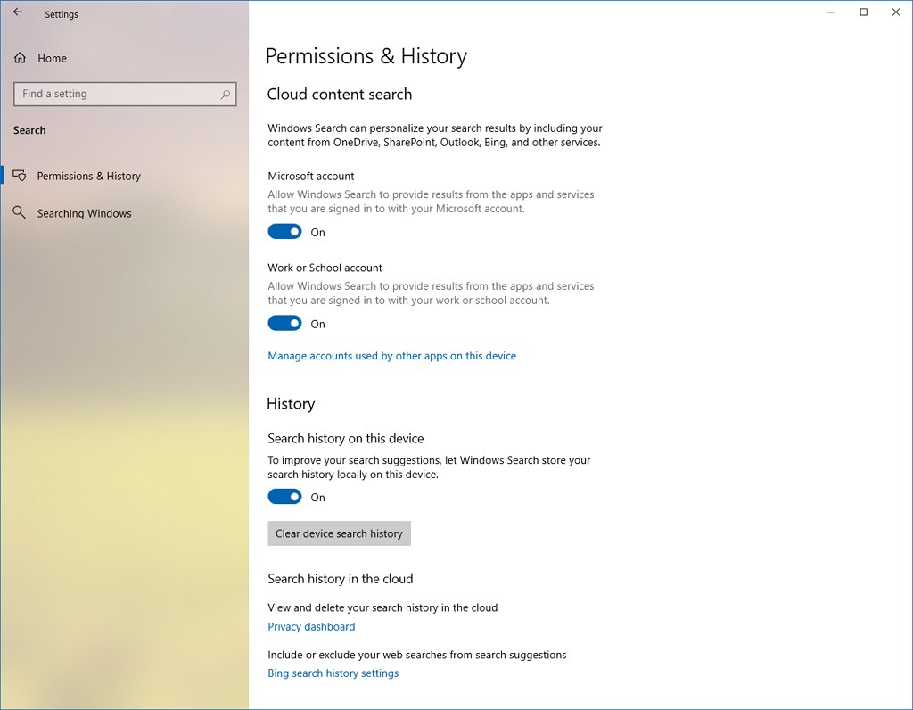 Search Settings In Windows 10 Permissions History